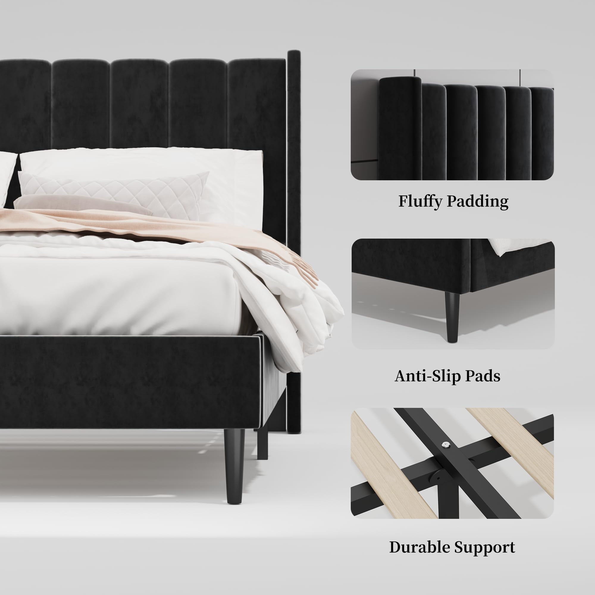 IOILORI Queen Bed Frame with Headboard, Vertical Channel Tufted, Heavy Duty Bed Frame Queen Size, No Box Spring Needed, Easy Assembly (Dark Black, Queen)