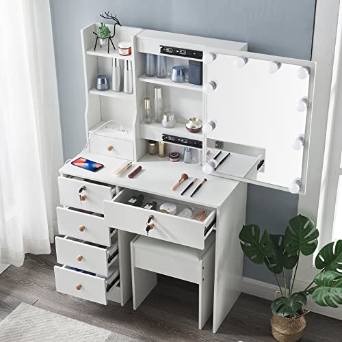 White Makeup Vanity Table,Vanity Desk with Lighted Makeup Mirror and Charging Station, Vanity Dressing Table with Lights & Storage Drawers and Stool for Bedroom,Girls Women