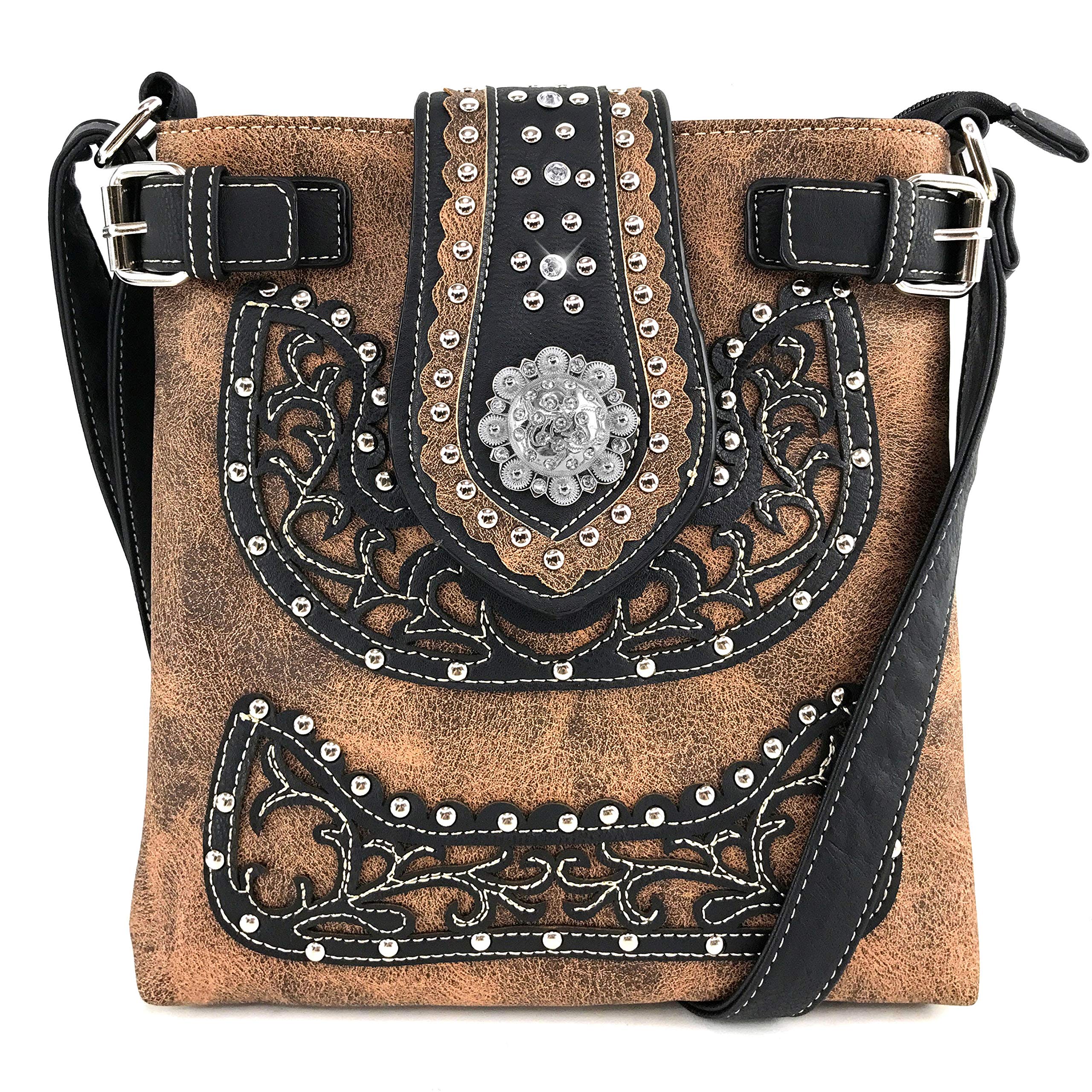 Zelris New Western Albino Western Floral Buckle Conceal Carry Women Crossbody Messenger Purse (Brown)