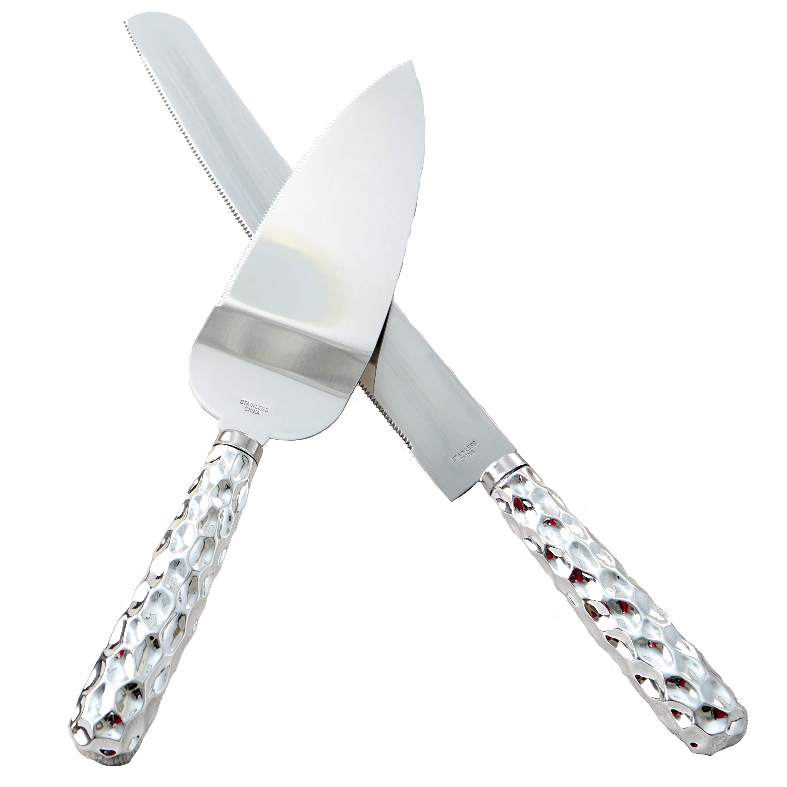 FASHIONCRAFT Hammered Design Handle Cake Knife and Server Set – Wedding Favor, One Size, Stainless Steel Blades with Shiny Silver Handles