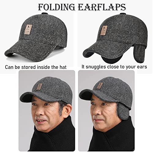 FGSS Mens Winter-Woolen Baseball-Cap with Earflaps - Adjustable Warm Dad Cap for Cold Weather (56-60CM) Grey