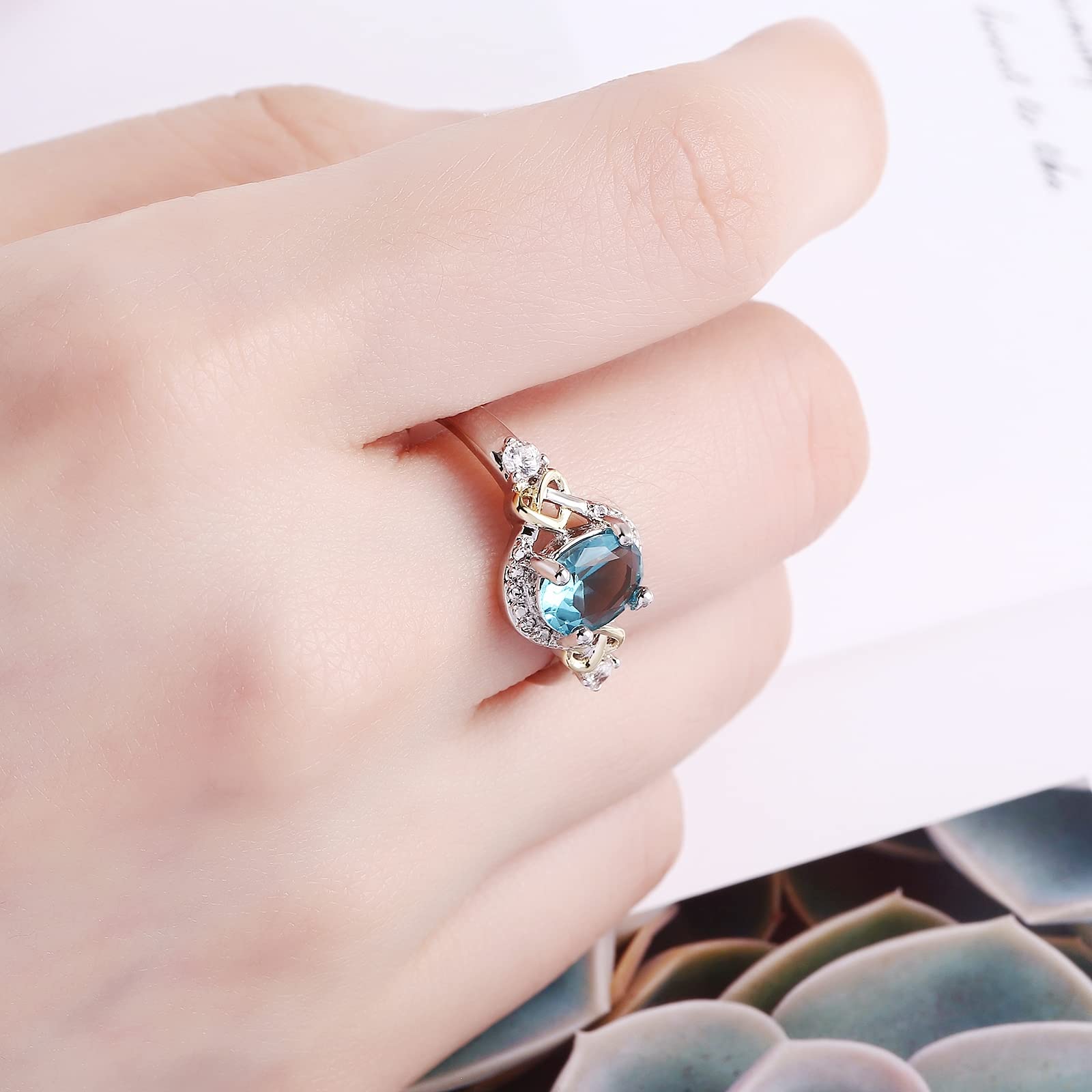 Daesar Womens Engagement Rings, 18K White Gold Plated Ring For Women Oval Blue Cubic Zirconia Wedding Ring Knot Heart Ring Size 7