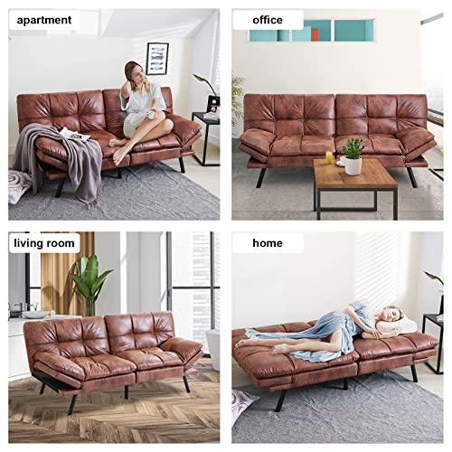 Maxspeed Leather Futon Sofa Bed,Convertible Memory Foam Couch Bed,Modern Loveseat with Covertible Armrests for RV Car Living Room&Bedroom Small Space(Brown)