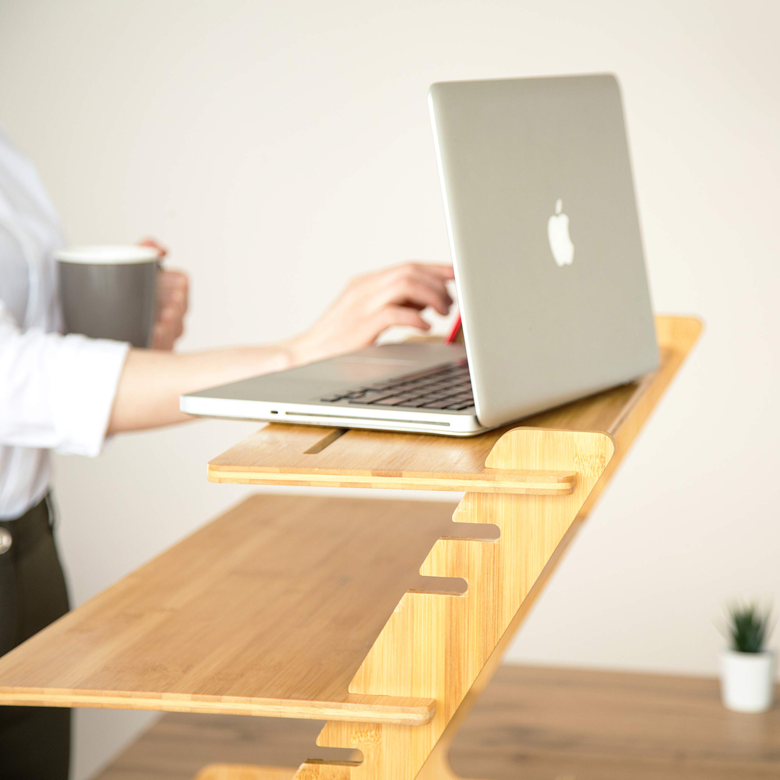 Crew & Axel 2023 (Updated) Standing Desk Converter 100% Natural Bamboo Adjustable Sit Stand Riser Workstation for Desktop or Laptop, Dual Monitor Stand - Home or Office Use (19β High 26β Wide)