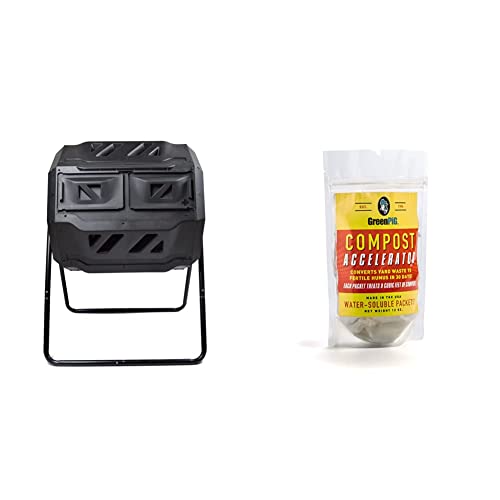 MaxWorks 80699 Compost Bin Tumbler for Garden and Outdoor, 42 Gallon Capacity, Black & Green Pig Compost Accelerator Converts Yard Waste to Fertile Humus in 30 Days and Helps Control Odors Associated