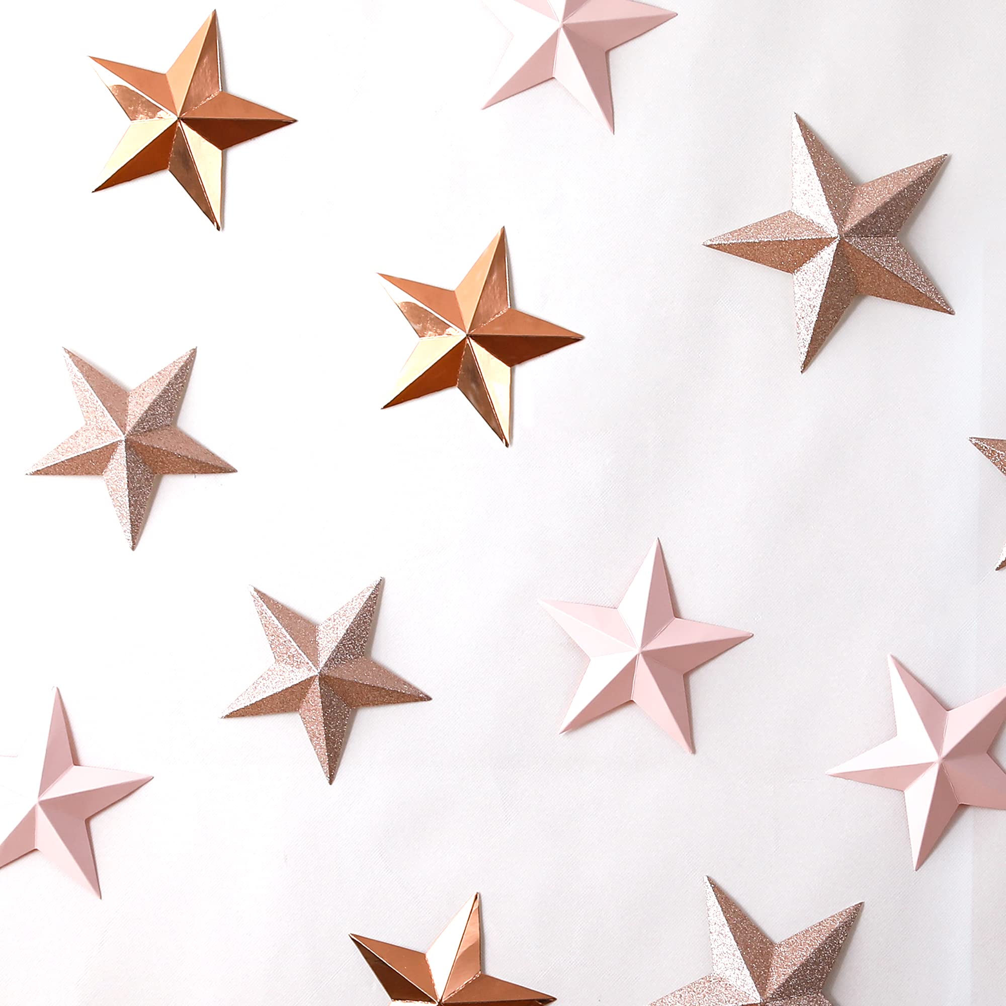 Tenshun 24pcs Reusable Paper Star Wall Decor, Rose Gold, Metallic, Baby Pink for Nursery, Bedroom Decor