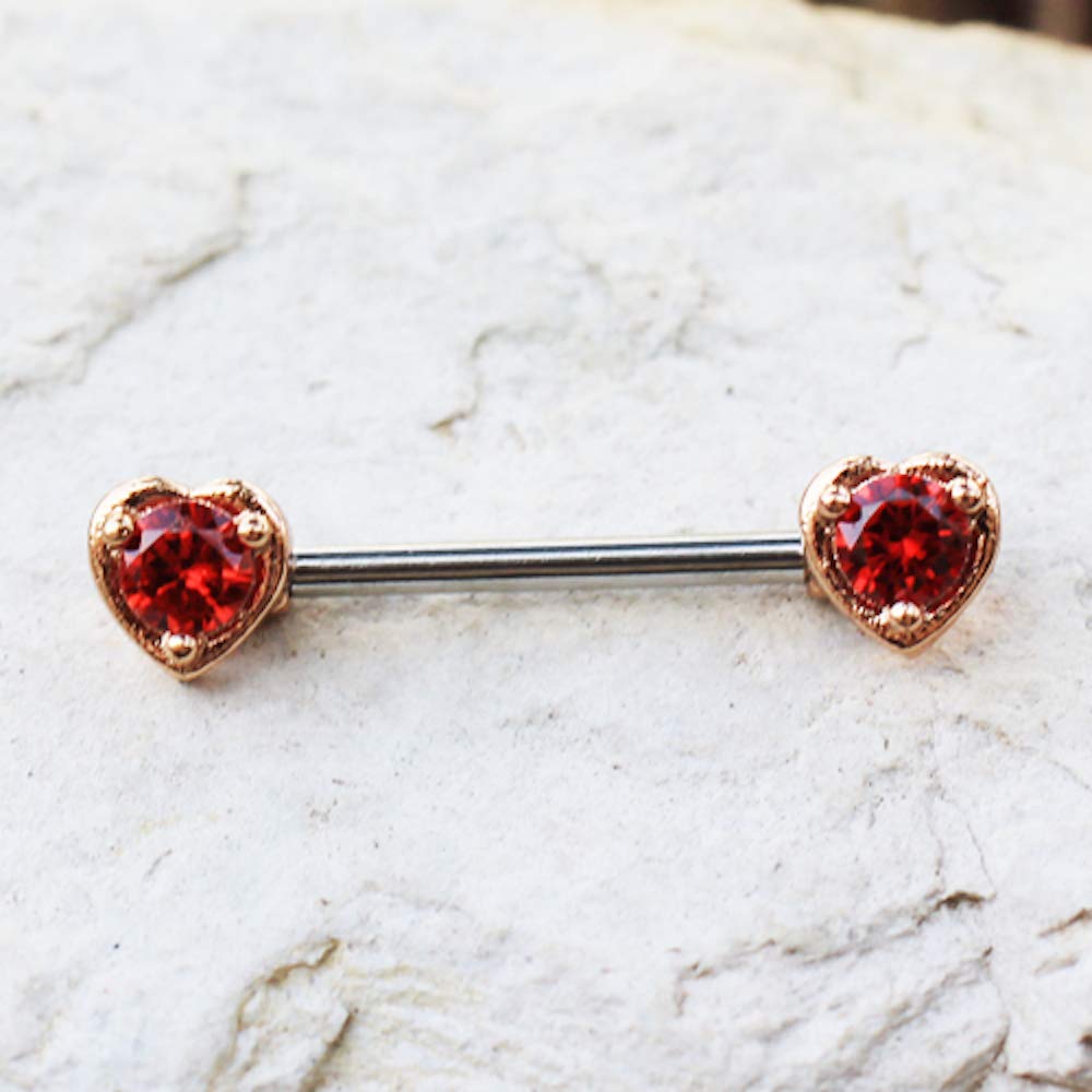 Covet Jewelry Rose Gold Plated Red CZ Heart Nipple Bar