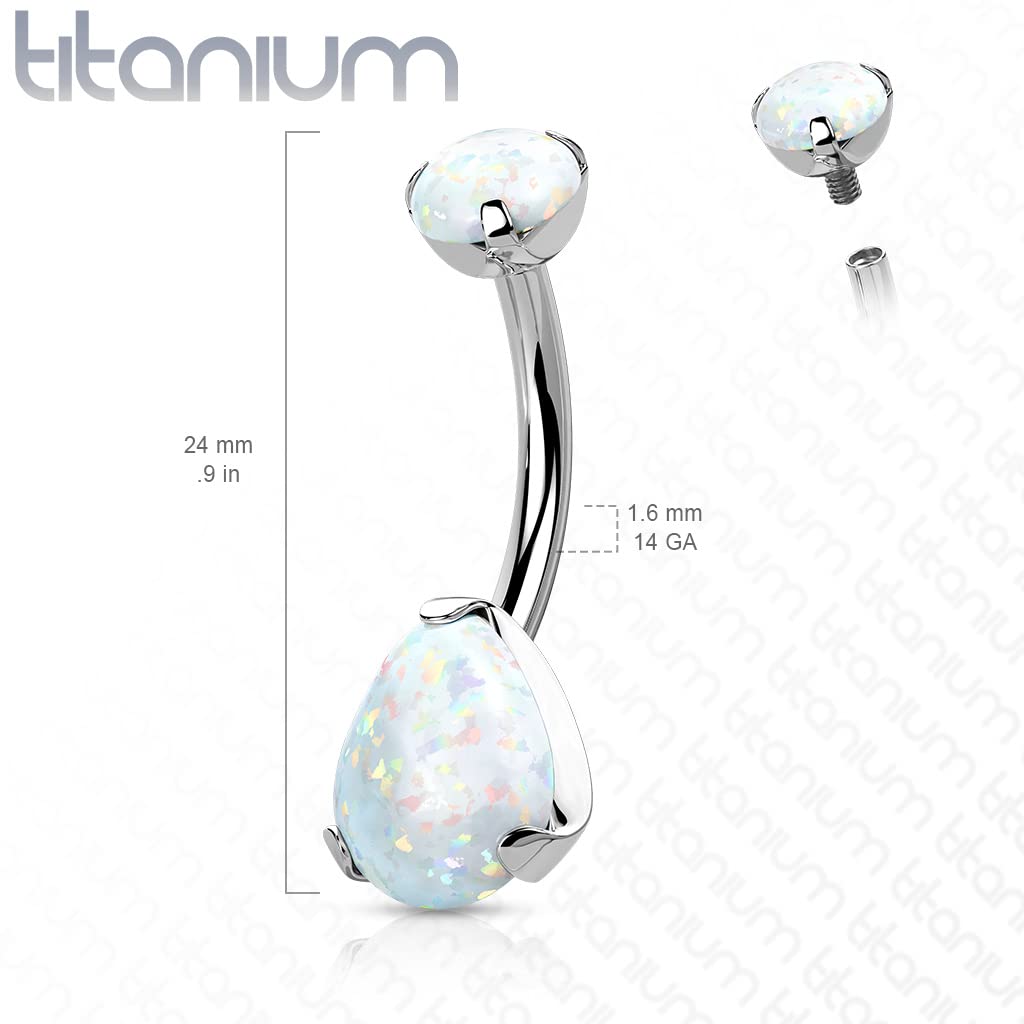 Dynamique Implant Grade Titanium Internally Threaded Top Prong Set Pear Opal Belly Button Rings (Sold Per Piecce)