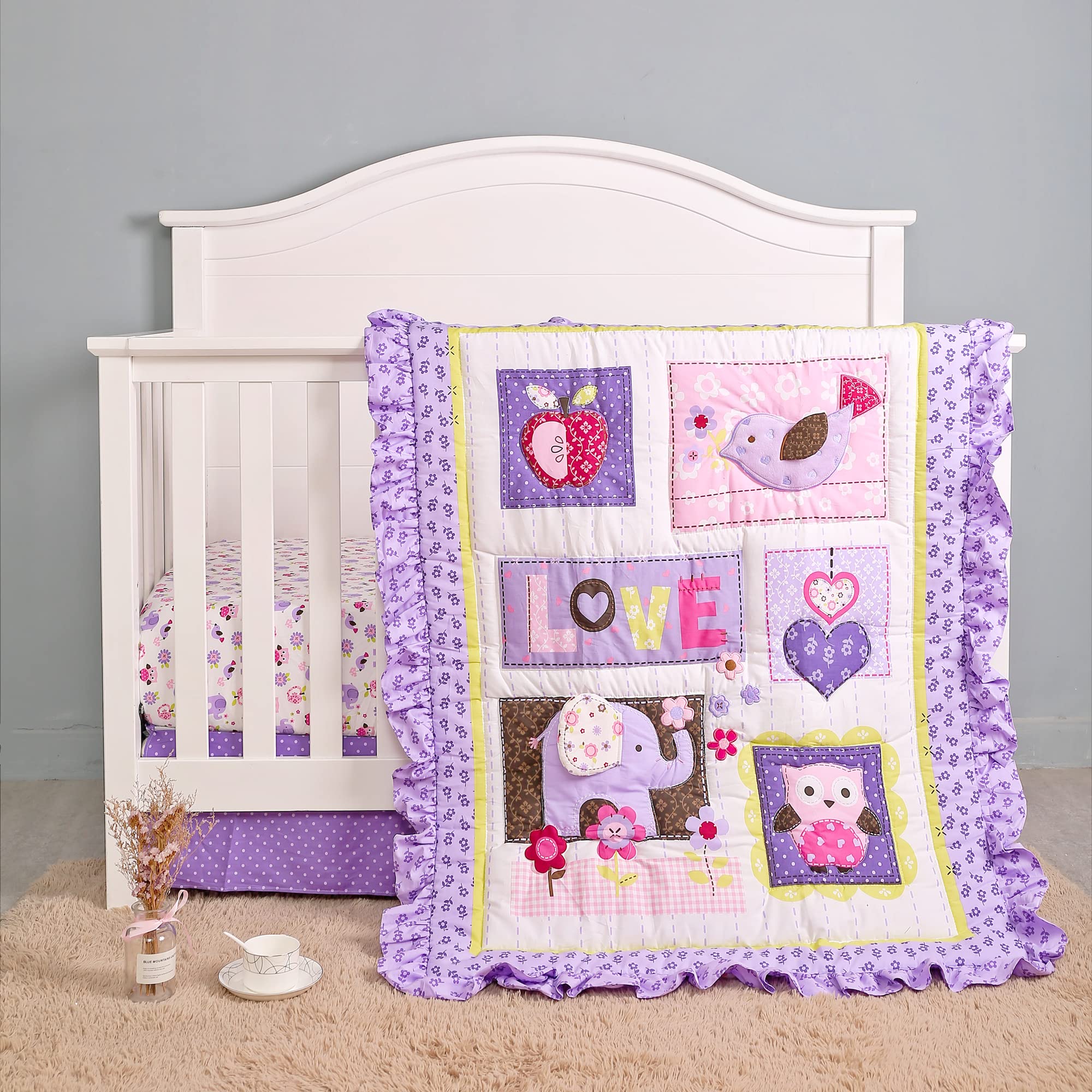 Crib Sets for Girls 3D Elephant Bird Crib Bedding Sets for Girls 3Piece Baby Nursery Bedding Purple White | Crib Comforter, Crib Sheet, Dust Ruffle