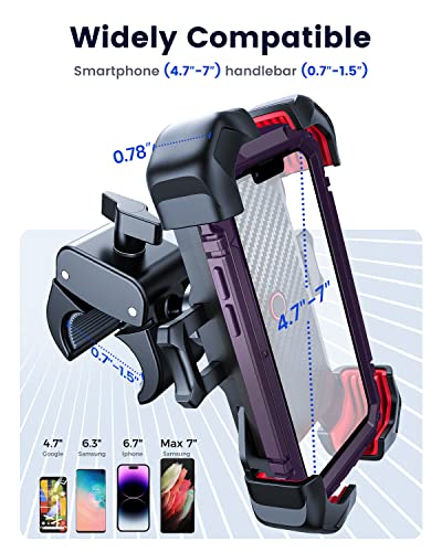 JOYROOM Motorcycle Phone Mount, [1s Auto Lock][100mph Military Anti-Shake] Phone Holder for Bicycle, [10s Quick Install] for Handlebar Mount, Compatible with iPhone 15 Pro, Samsung, All Cell Phone