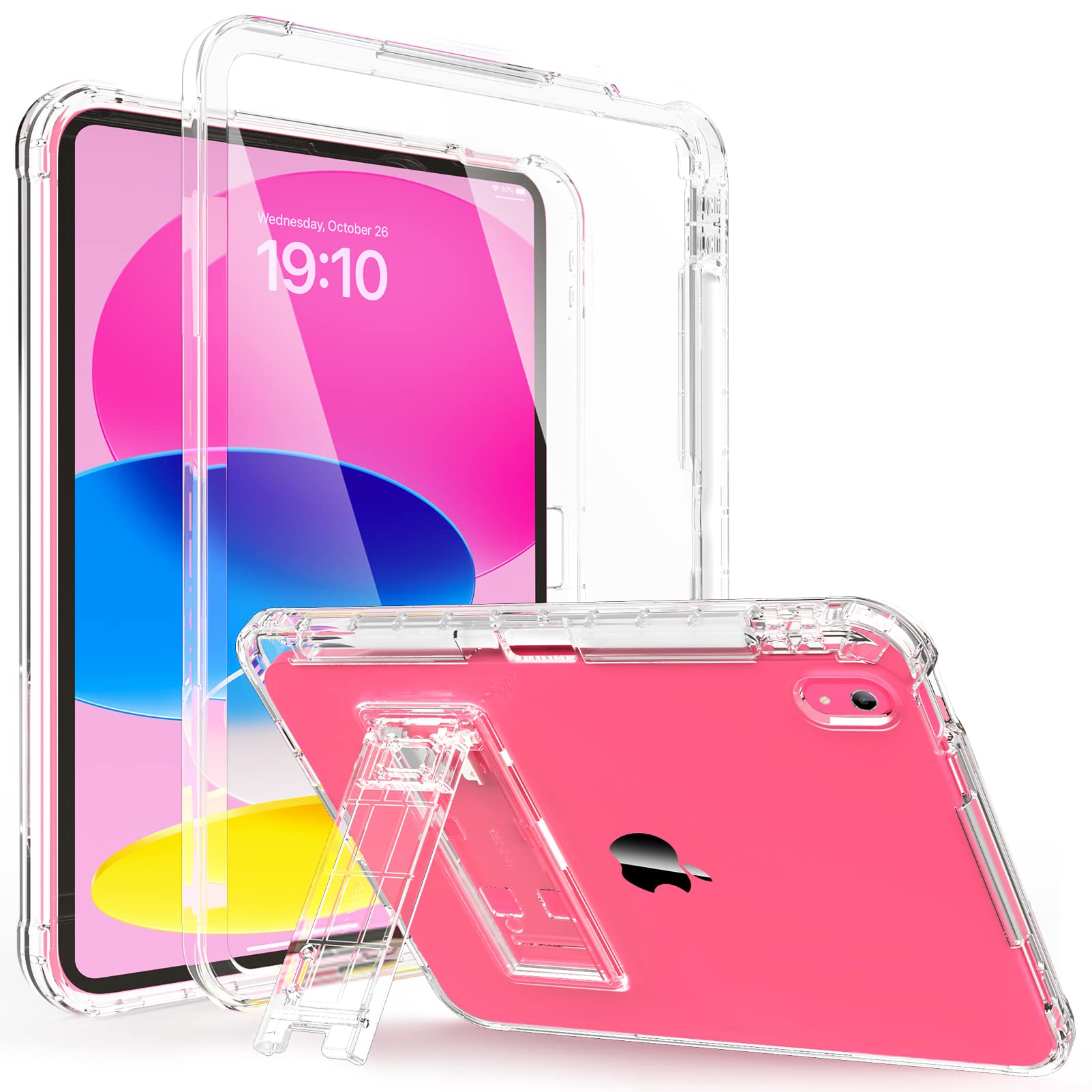 iPad 10th Generation Case, CCMAO iPad Case 10th Generation 2022 10.9 Inch with Screen Protector & Pencil Holder & Kickstand, Crystal Transparent Back Heavy Duty Shockproof Protective Cover, Clear