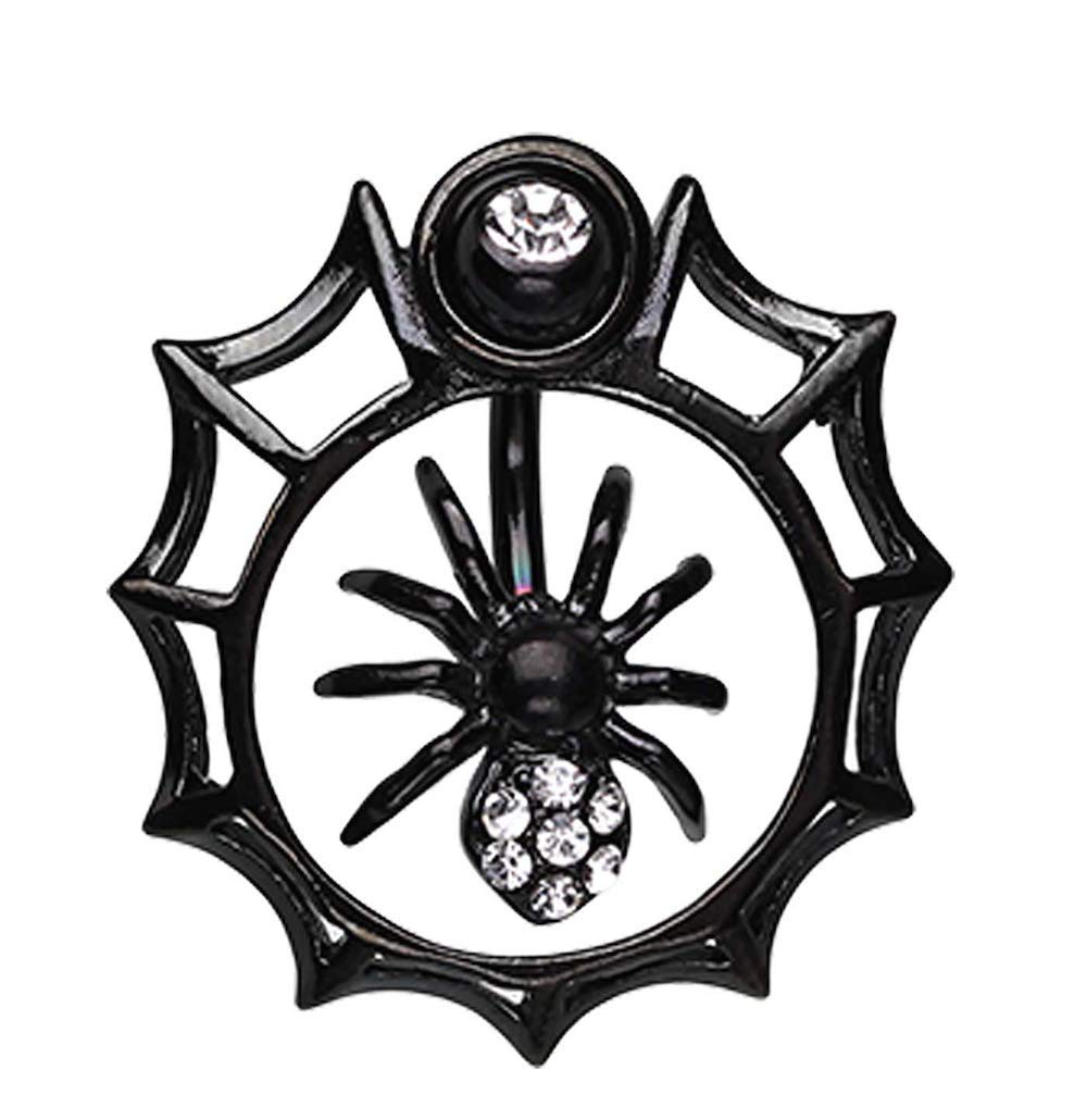 Covet Jewelry Spider in Web Sparkle Belly Button Ring (14 GA, Length: 10mm, Black)