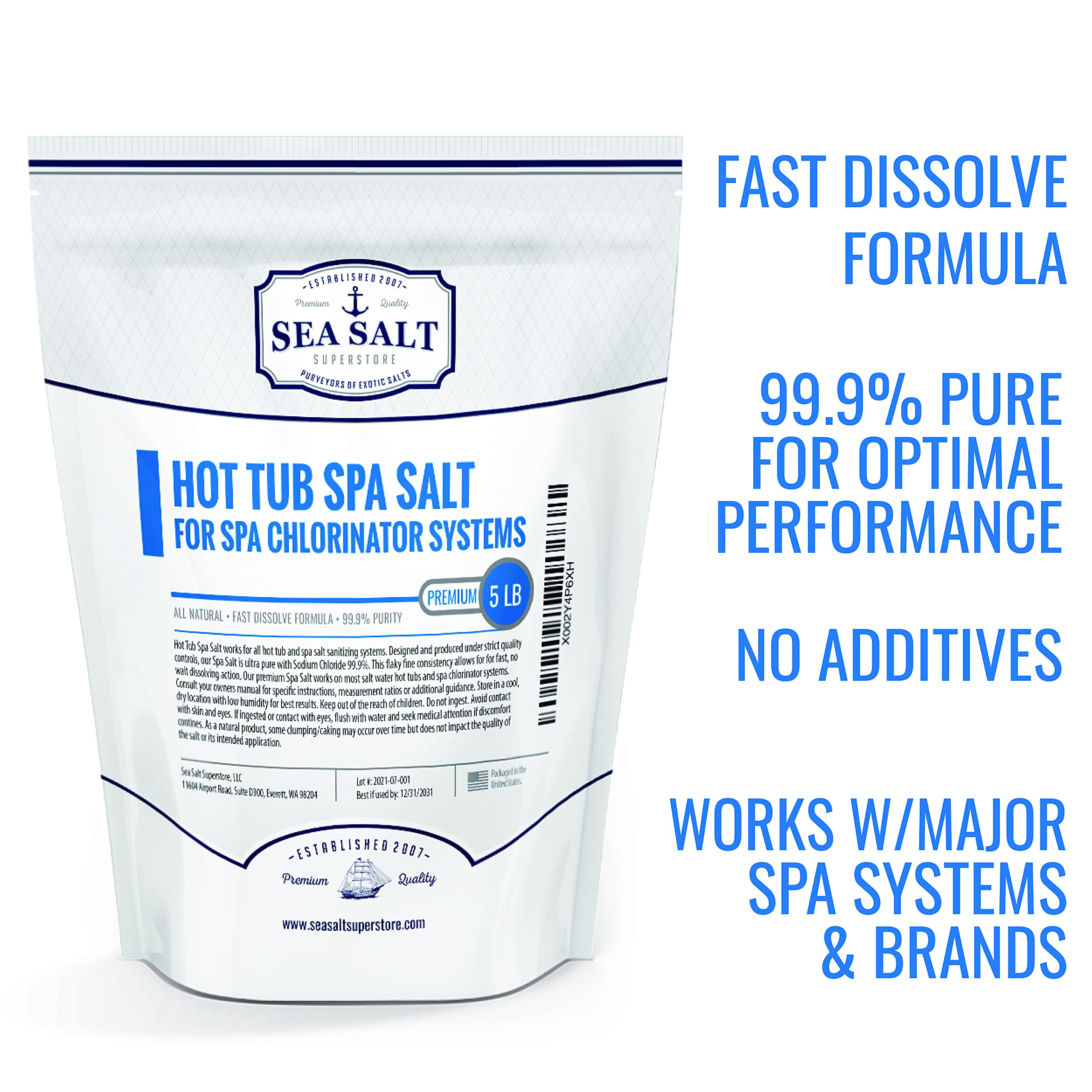 Hot Tub Spa Salt - Pool Salt for Salt Systems and Chlorine Generators Including Ace Freshwater, Hotspring, Jacuzzi, Caldera, Chloromatic - 5 Lbs/500 Gallons - Sea Salt Superstore