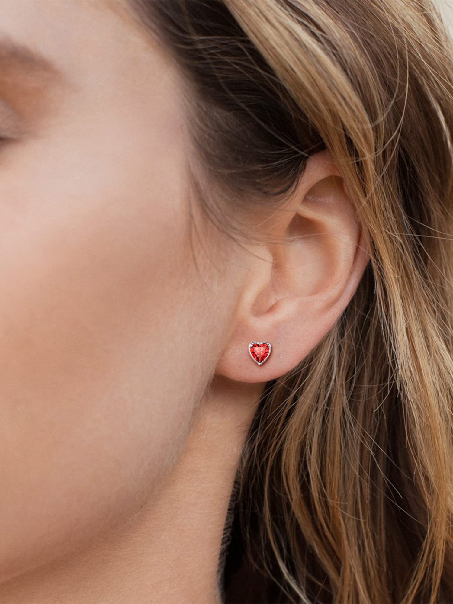 Women Earrings Hypoallergenic 925 Sterling Silver Love Heart Earrings Studs Red Cubic Zirconia Ruby Gemstone July Birthstone Stud Earrings for Sensitive Ears