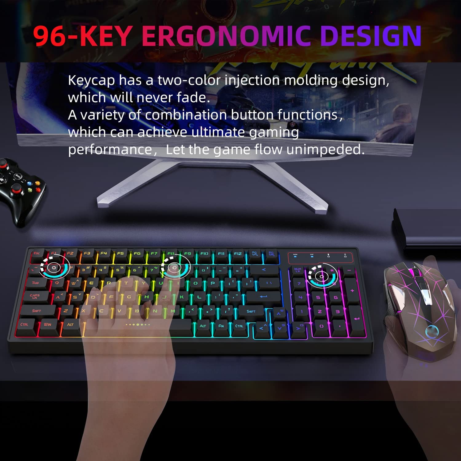 EXHNLE RGB Gaming Keyboard and Mouse Combo, Mechanical Feel LED Backlit Keyboard, 96 Keys USB Ergonomic Keyboard, for PC Computer Gamer