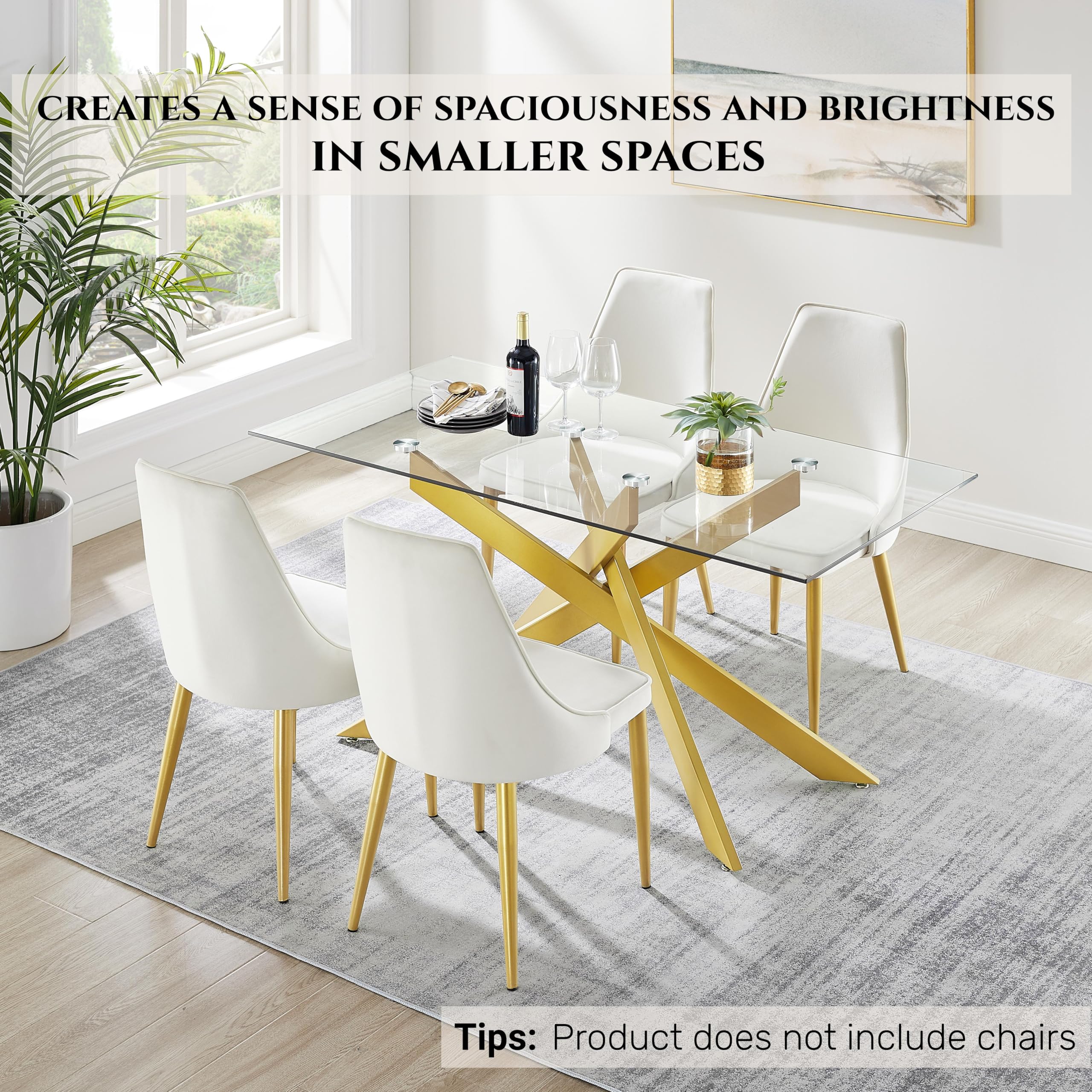 Edwin's Choice 58.5” Rectangle Glass Dining Table, Tempered Glass Table Top and Metal Tubular Legs, Modern Style Table for Home, Kitchen, Dining Room 58.5”Lx29”Wx30”H, Gold (Table Only)