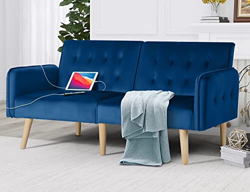 TYBOATLE 65"W Velvet Modern Convertible Folding Futon Couch Sofa Bed w/ 2 USB Charging Ports and Arms, Loveseat for Compact Living Space, Dorm, Game Studio, Bonus Room, Apartment, Bedroom (Navy Blue)