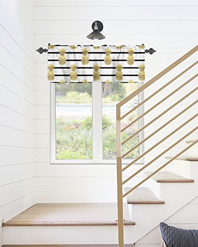 Window Valance for Kitchen,Summer Gold Pineapple Black White Stripes Curtain Valances Rod Pocket Short Curtains,Tropical Fruit Seamless Privacy Window Treatment for Bedroom Living Room 42x12in