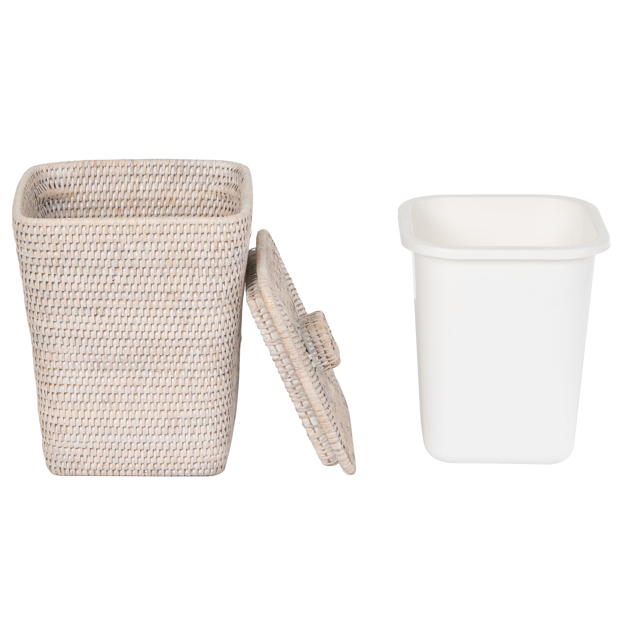 Kouboo Rattan Square Paper Waste Basket and Trash Bin with Lid and Plastic Insert, 2 Gallon Capcity, Honey-Brown
