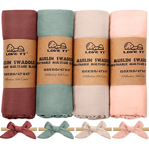 Tatuo 4 Pack Baby Swaddle Blanket Breathable Muslin Swaddle Blanket for Boys Girls, 4 Soft Elastic Baby Headbands with Hair Bows, 47 x 47 Inch Receiving Blanket for Newborn Infant(Light Color)
