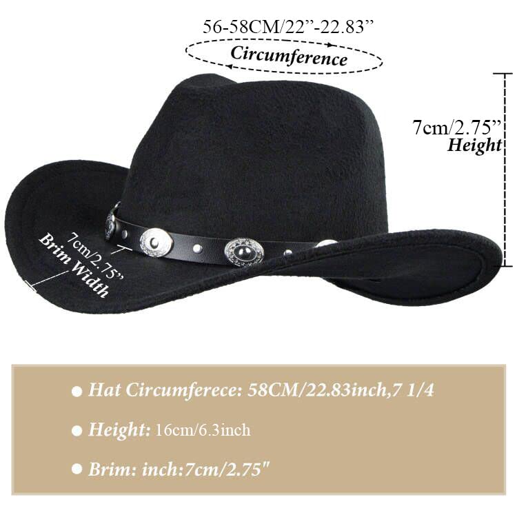 Eohak Womens Western Cowboy Hats Studded Pinched Western Cowgirl Hats Wide Brim Fedoras Hat with Belt Buckle (Size: M-L) (US, Alpha, Medium, Black)