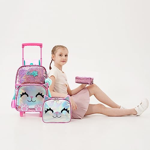 Meetbelify Rolling Backpack for Girls Cute Pink Cat School Backpack with Wheels Kids Sequin Roller Luggage for Elementary Kindergarten Students with Lunch Box Pencil Case for Girls 5-12 Years Old