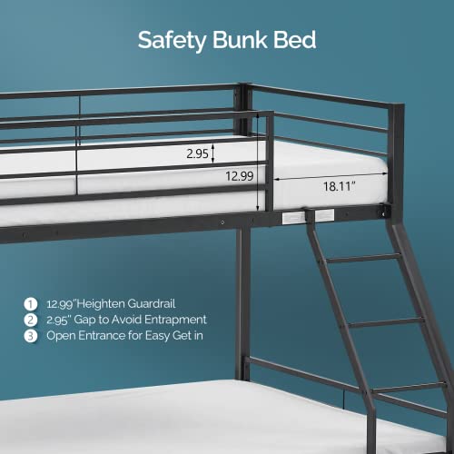 VINGLI Metal Bunk Bed Twin Over Full, Flat Steps, Black