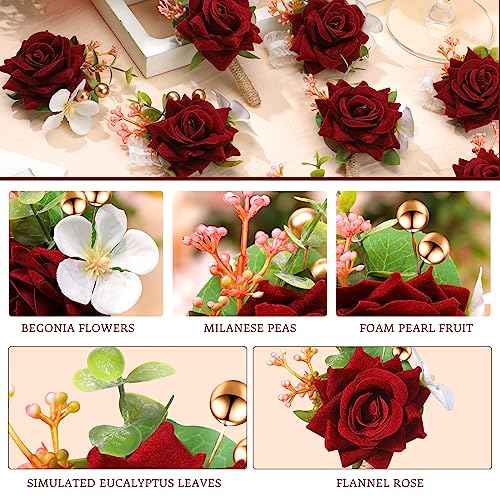 Sherr 24 Pieces Wine Red Wrist Corsage Wristlet Band for Bridal Bridesmaid Girls Women Red Rose Bracelets Wedding Artificial Wrist Corsages Burgundy Rose Hand Flower for Prom Wedding Engagement