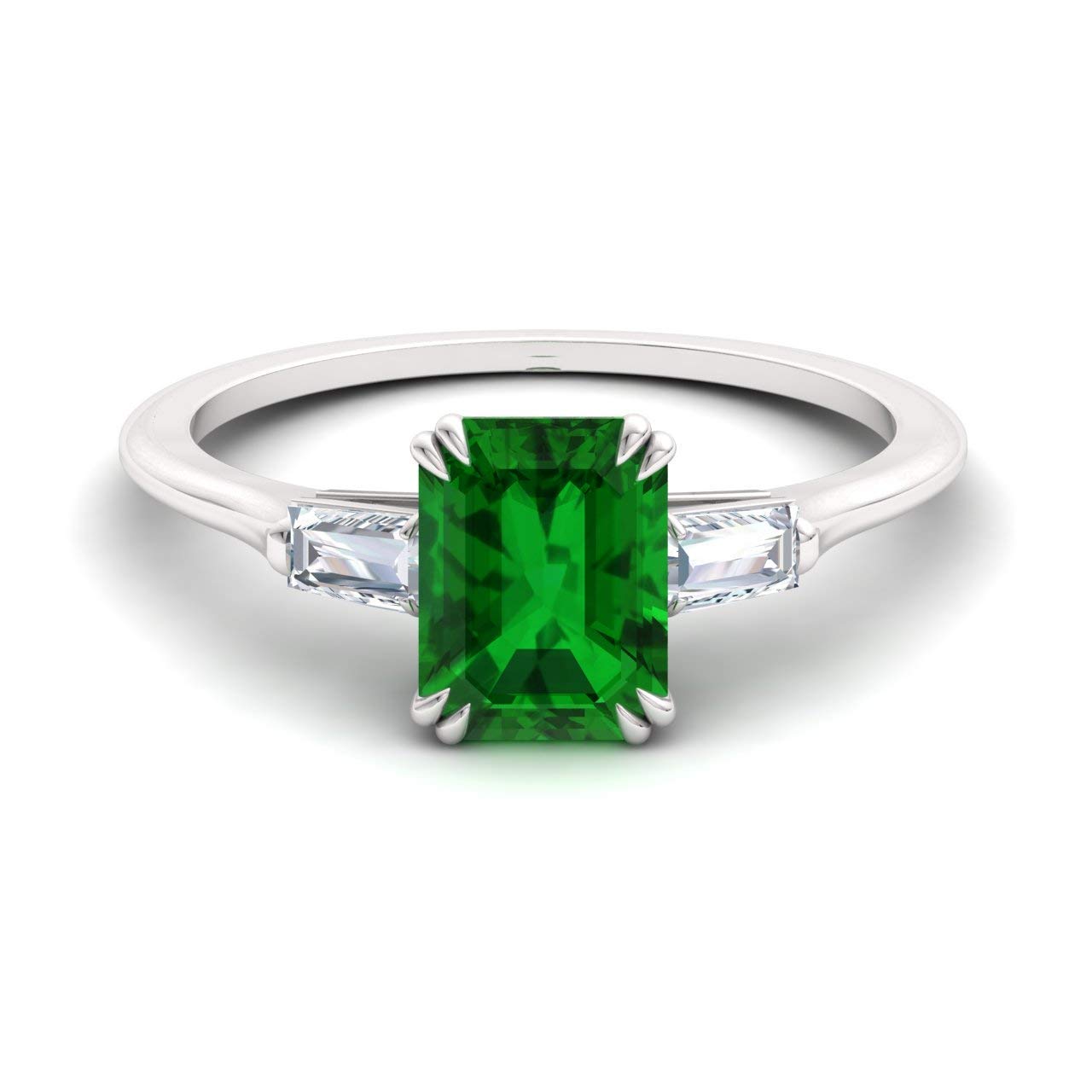 Diamondere Natural and Certified Emerald and Diamond Baguette Engagement Ring in 14K White Gold | 0.76 Carat Three Stone Petite Ring for Women, US Size 7.5