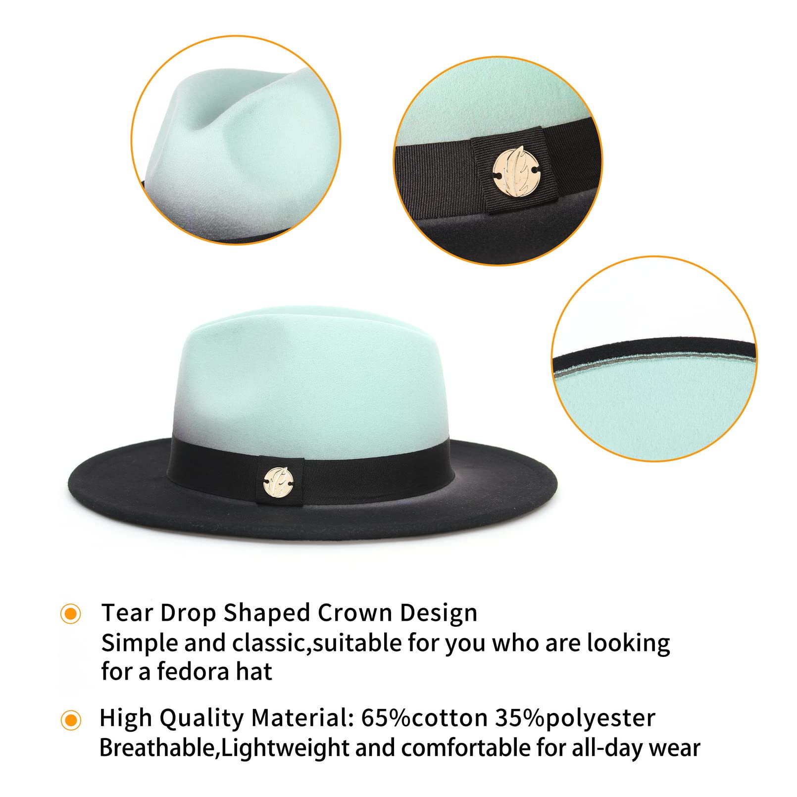 EOZY Gradient Color Fedora Hat for Women & Men Wide Brim Felt Hat with Belt Buckle/Camel