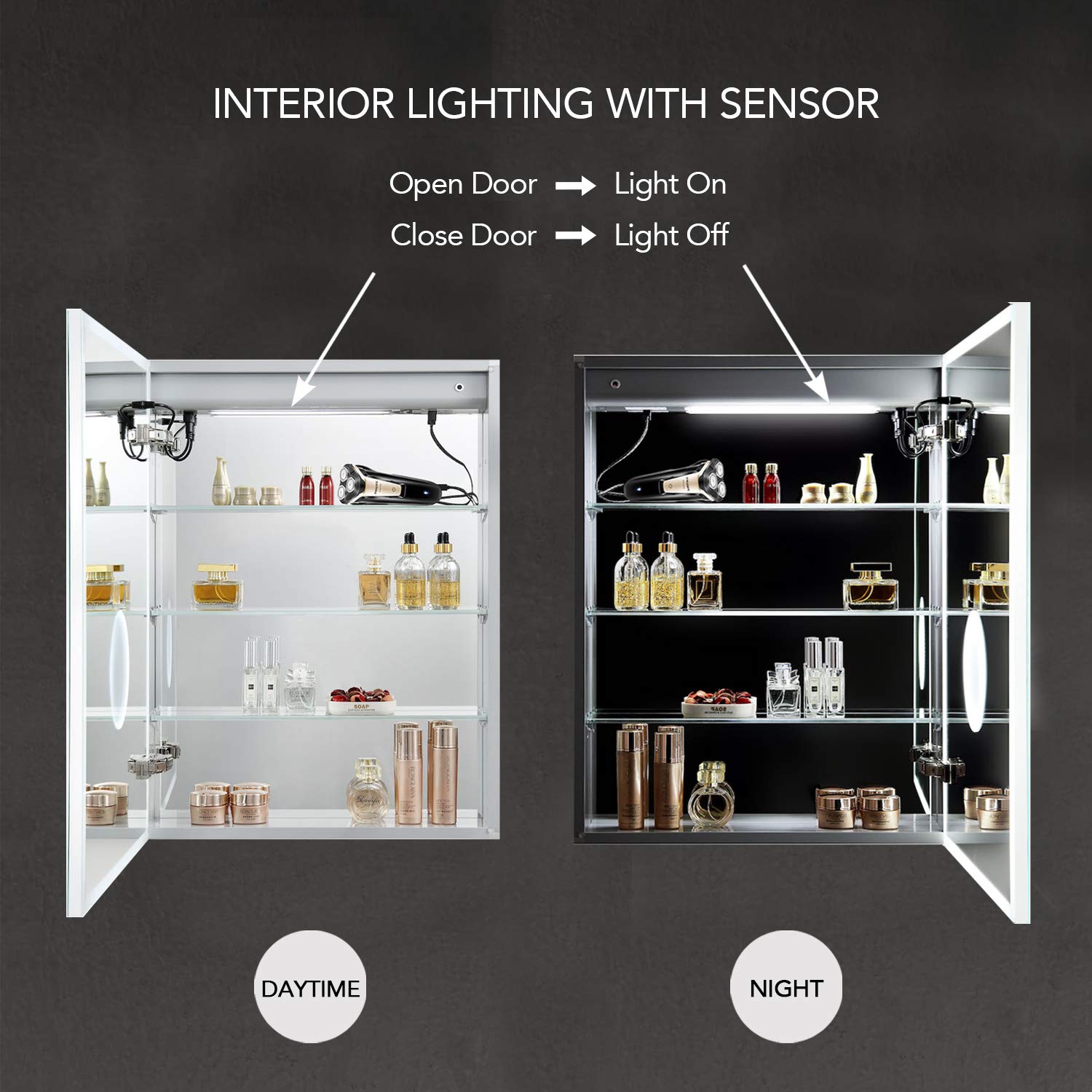 Recessed or Surface LED Mirror Medicine Cabinet with Lights, LED Medicine Cabinet w/Defogger, Dimmer, 3X Makeup Mirror, Outlets & USB (24x32/Right Hinge/Zoom Mirror)