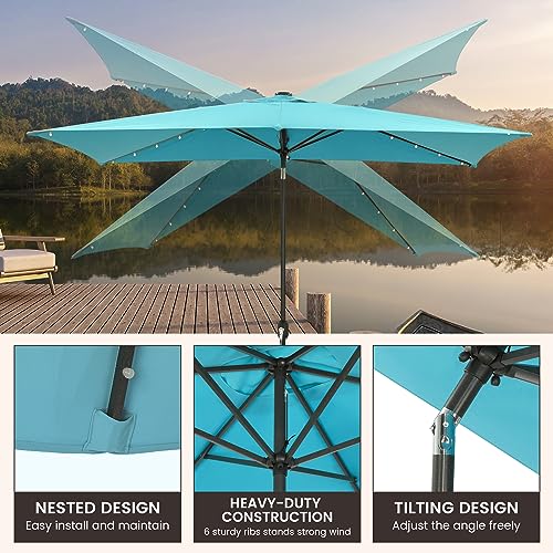 MONDAWE Outdoor Solar LED Patio Umbrella 10 x 6.5 FT Rectangular Market Umbrella with Lights, Tilt and Crank Aluminum Commercial Table Umbrella for Pool Backyard Balcony