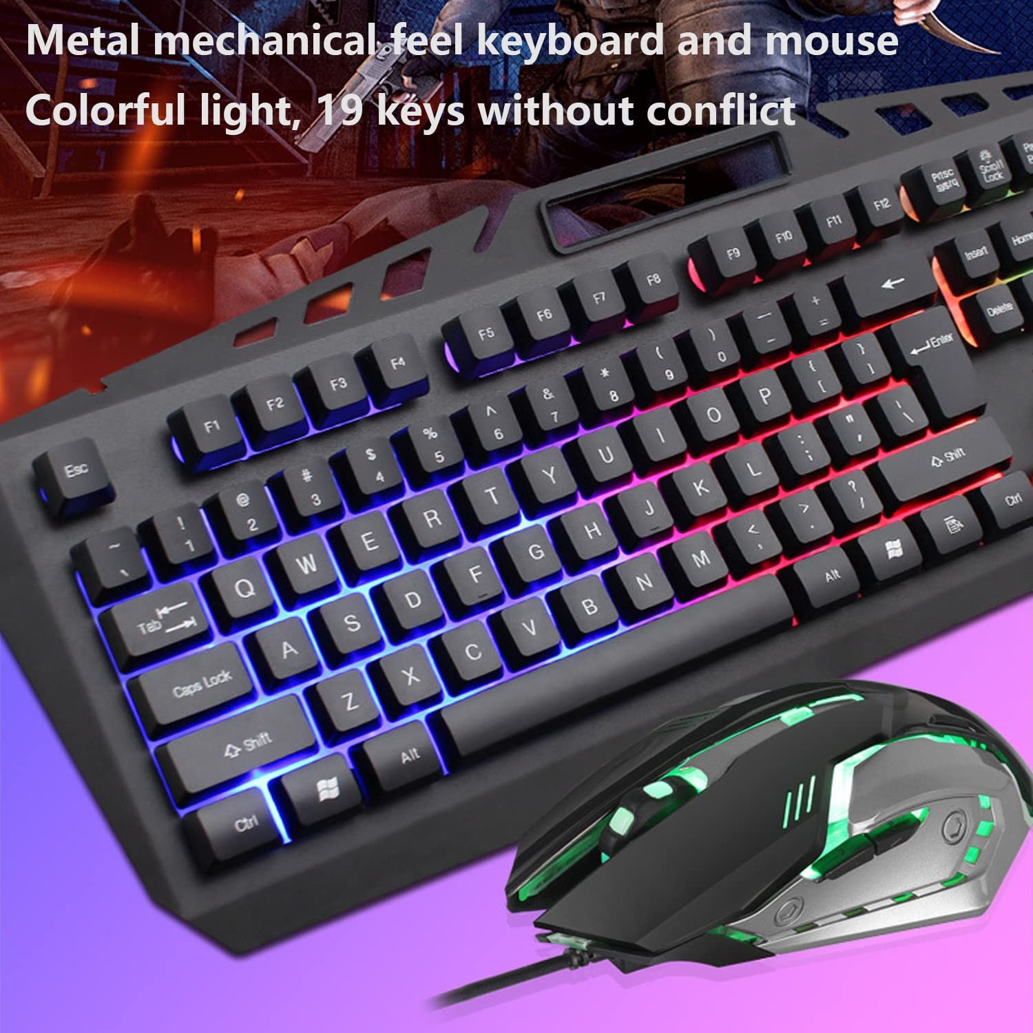 EXHNLE Wired RGB Backlit Gaming Keyboard and Mouse, Adjustable Breathing Lamp and Glowing Mouse, 104 Keys USB Ergonomic Keyboard, for PC Computer Gamer (Color : Gold)