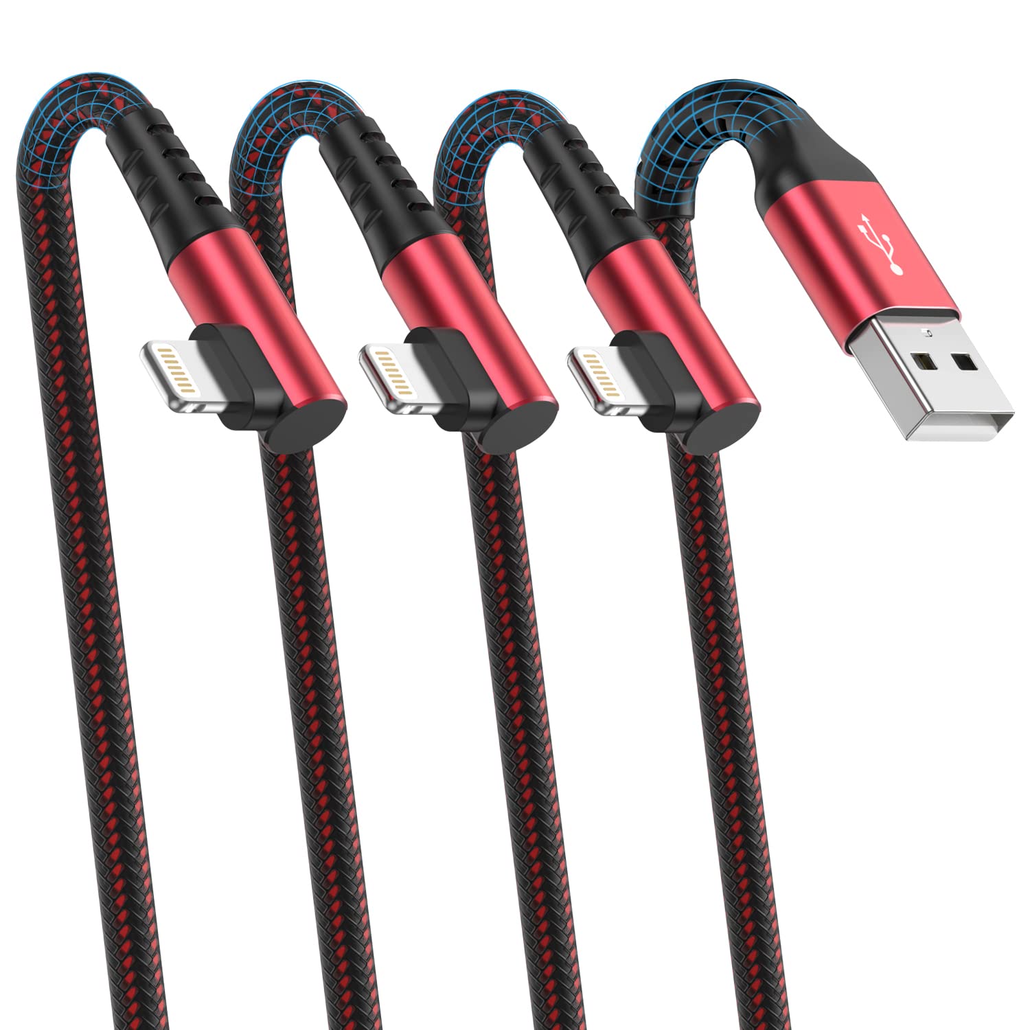 iPhone Charger 10ft (3Pack), Apple MFi Certified 10Feet 90 Degree Nylon Braided Lightning Cable Right Angle 10Foot iPhone Charging Cord for Apple iPhone 14 13 12 11 Pro X XS XR 8 Plus 7/6/5-Red