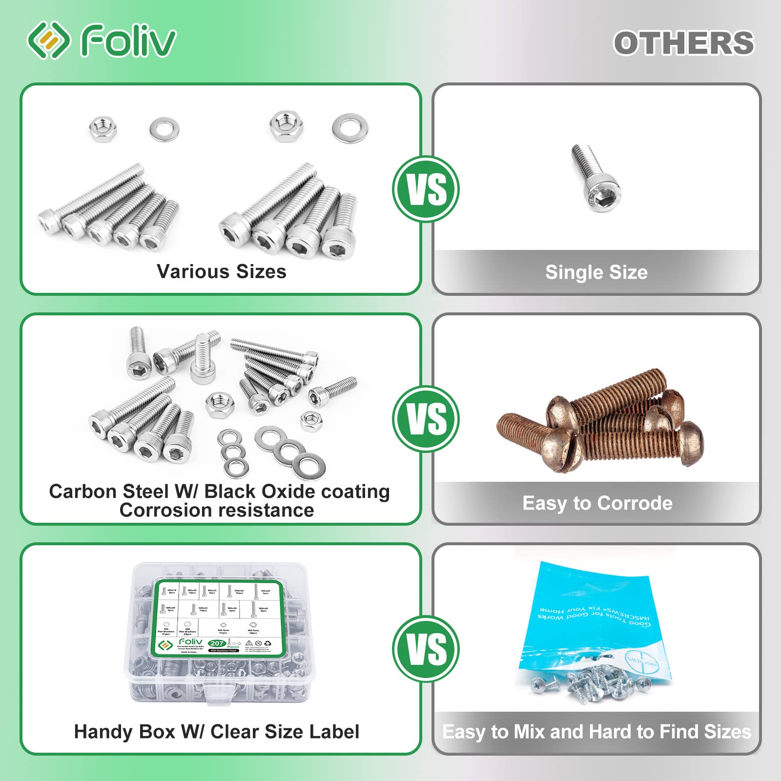 FOLIV M6 M8 Socket Head Hex Socket Cap Screws Bolts Nuts Washer Assortment Kit with 304 Stainless Steel Drive Bright Finish Full Thread Allen Hex 207PCS
