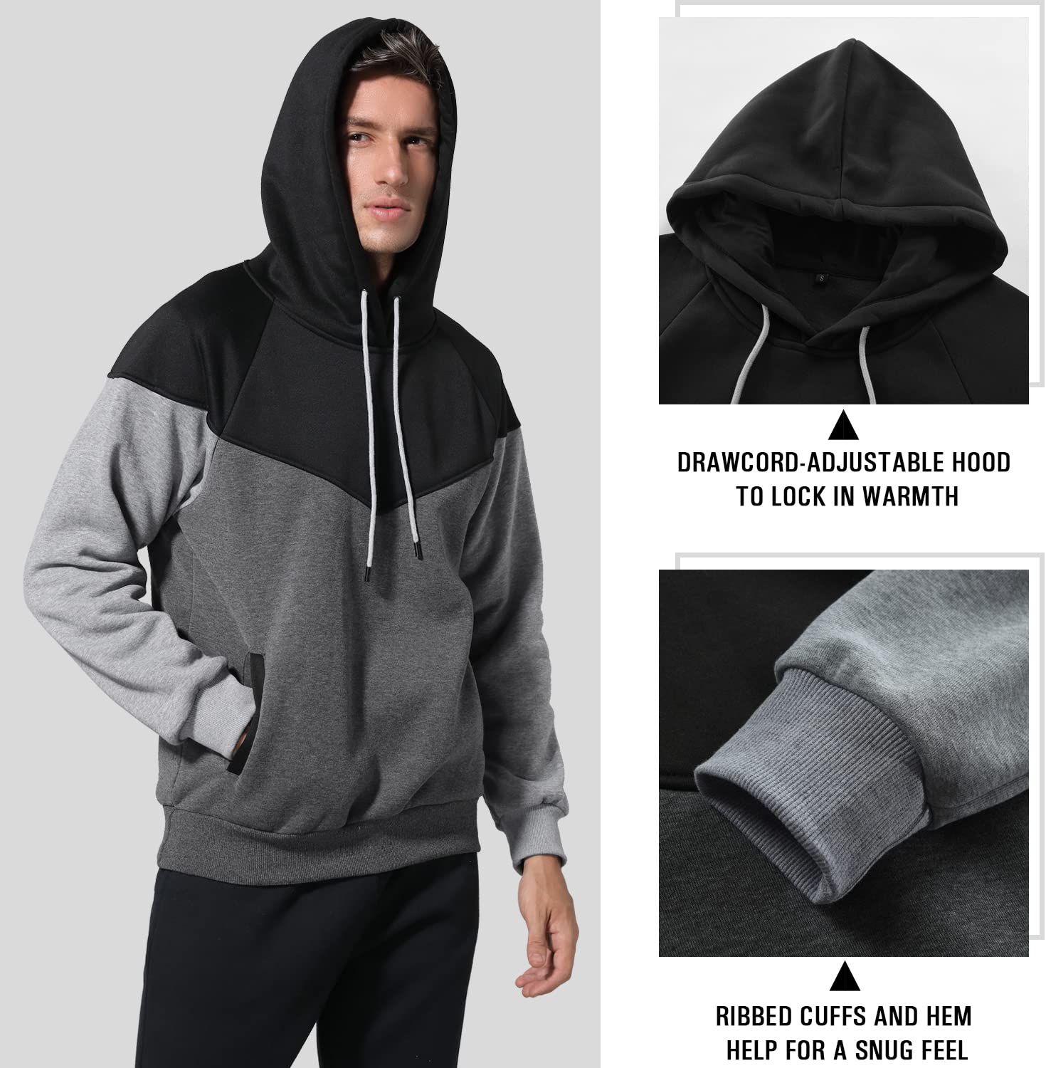 Niceif Men's Fleece Pullover Heavyweight Long Sleeve Hoodie Sweatshirt, Black Dark Grey XL