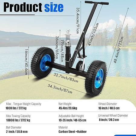 DobleePy Adjustable Trailer Dolly - Capacity Utility Trailer Mover, Multiple-Uses, 1000lbs Tongue Weight, Carbon Steel, 16'' Pneumatic Tires