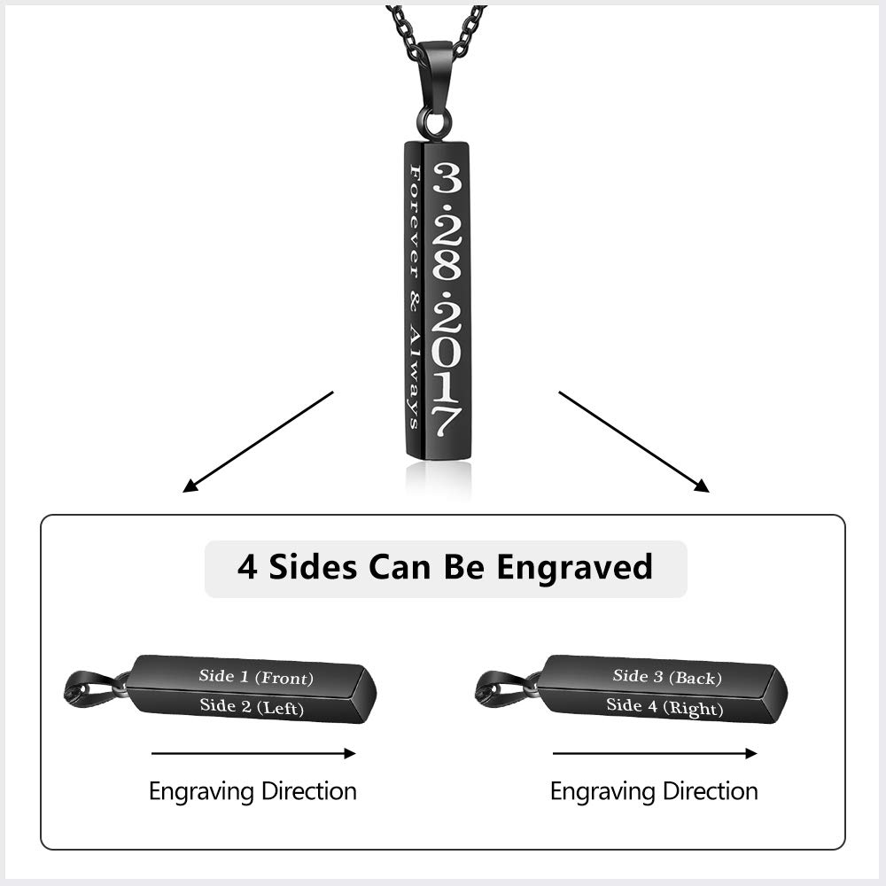 diamondidde Personalized Custom Message Names Pendant Necklace Unisex Stainless Steel Vertical Cuboid Bar Necklace (Black)