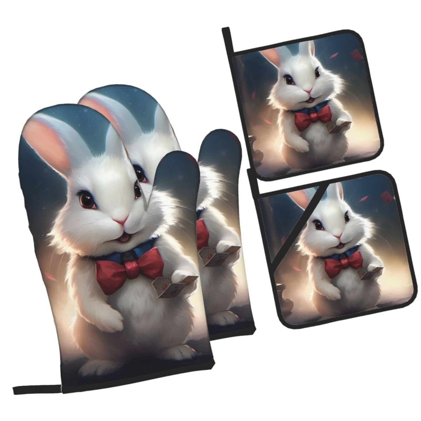 Cute White Rabbit Kitchen Baking 4-Piece Set–Heat Resistant Oven Mitts and Pot Holders Kitchen Hot Pads