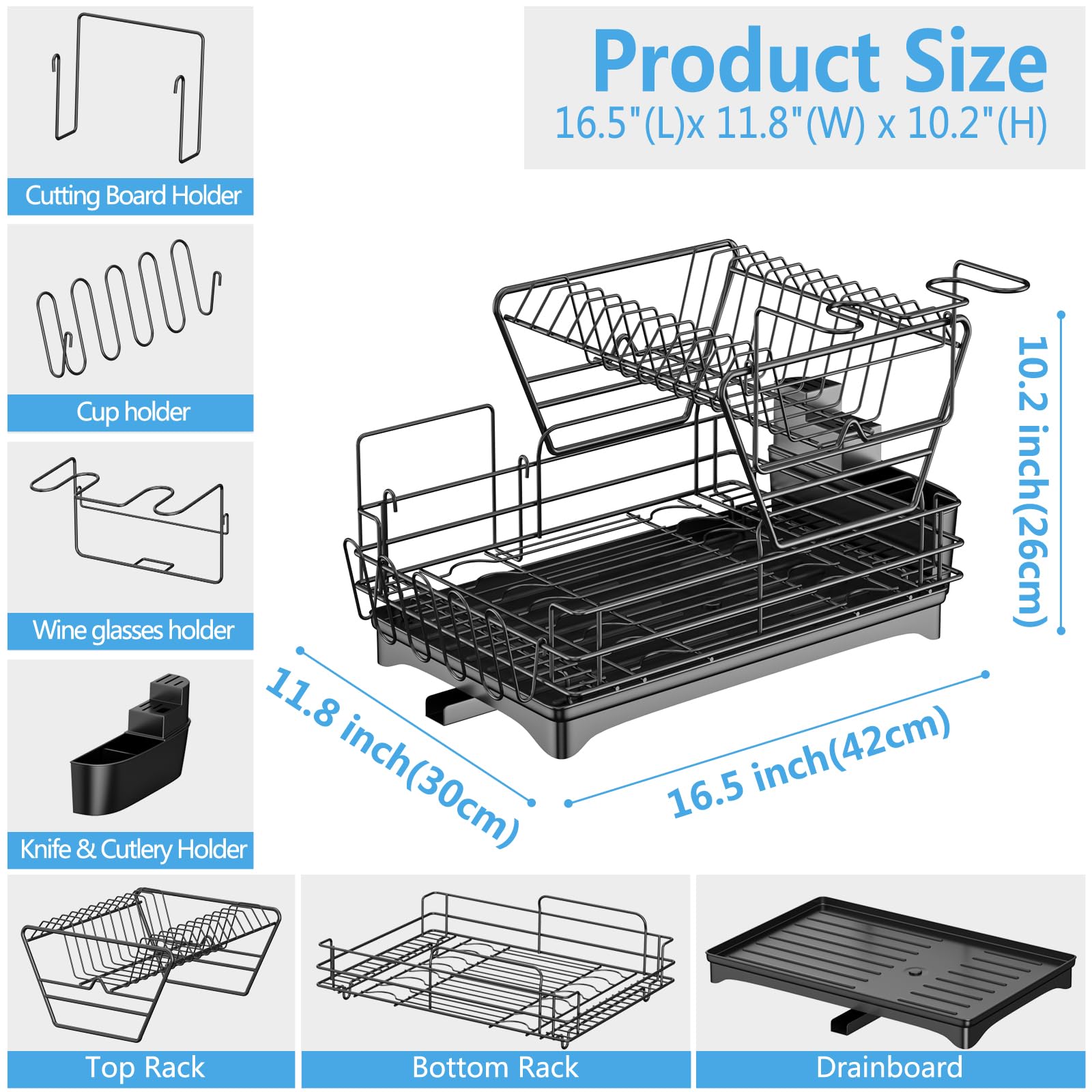 Dish Drying Rack for Countertop -Rustproof Space-Saving & Multipurpose 2-Tier Dish Rack for Kitchen Counter with Utensil Holder, Large-Capacity, Black