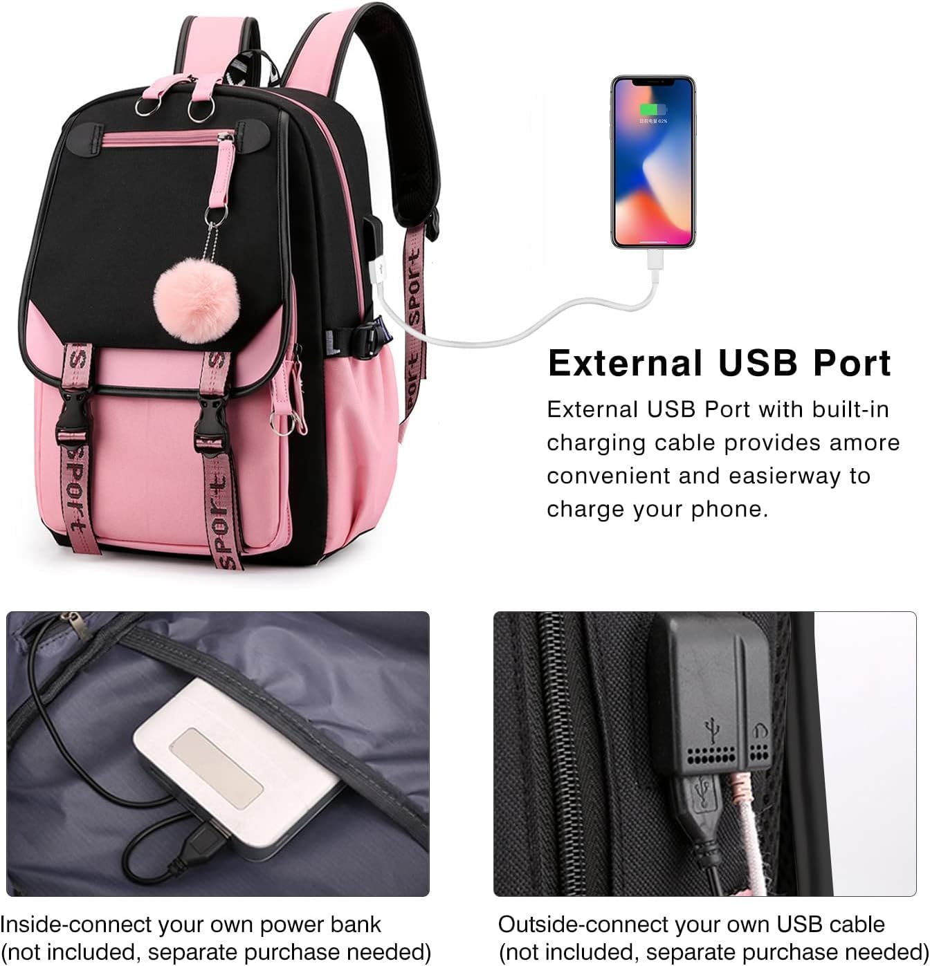 Digi4U Girls Backpack Middle School Students Bookbag,School Backpack with USB Charge Port for Teens Girls Women 3+ Years(Blackpink)