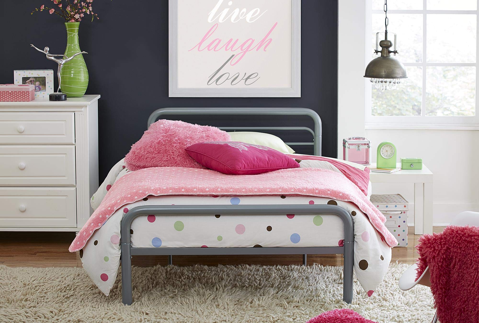 DHP Metal Bed with Round Tubing, Modern and Simple Design, Twin, Silver