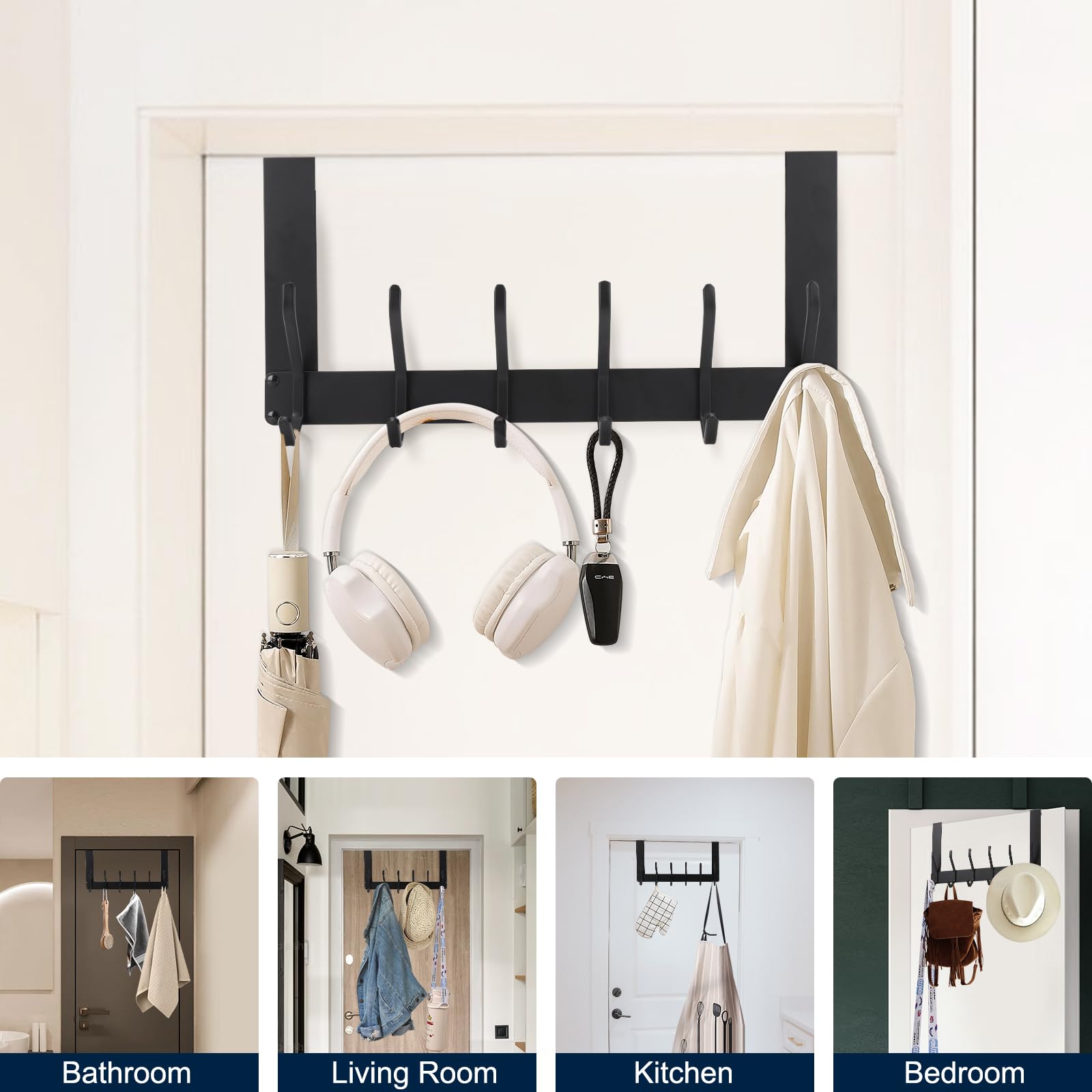 DAJIANG Over The Door Hook, Heavy Duty Over Door Hanger Holder for Coat Robe Hat Clothe Towels Hanging, Bathroom Organizer Towel Rack 12 Hooks (Black, 12 Hook)