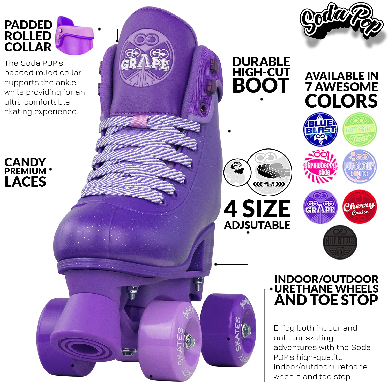 Crazy Skates Soda Pop Adjustable Roller Skates for Girls and Boys - Adjusts to fit 4 Shoe Sizes - Go Go Grape (Size: Medium | 3-6)