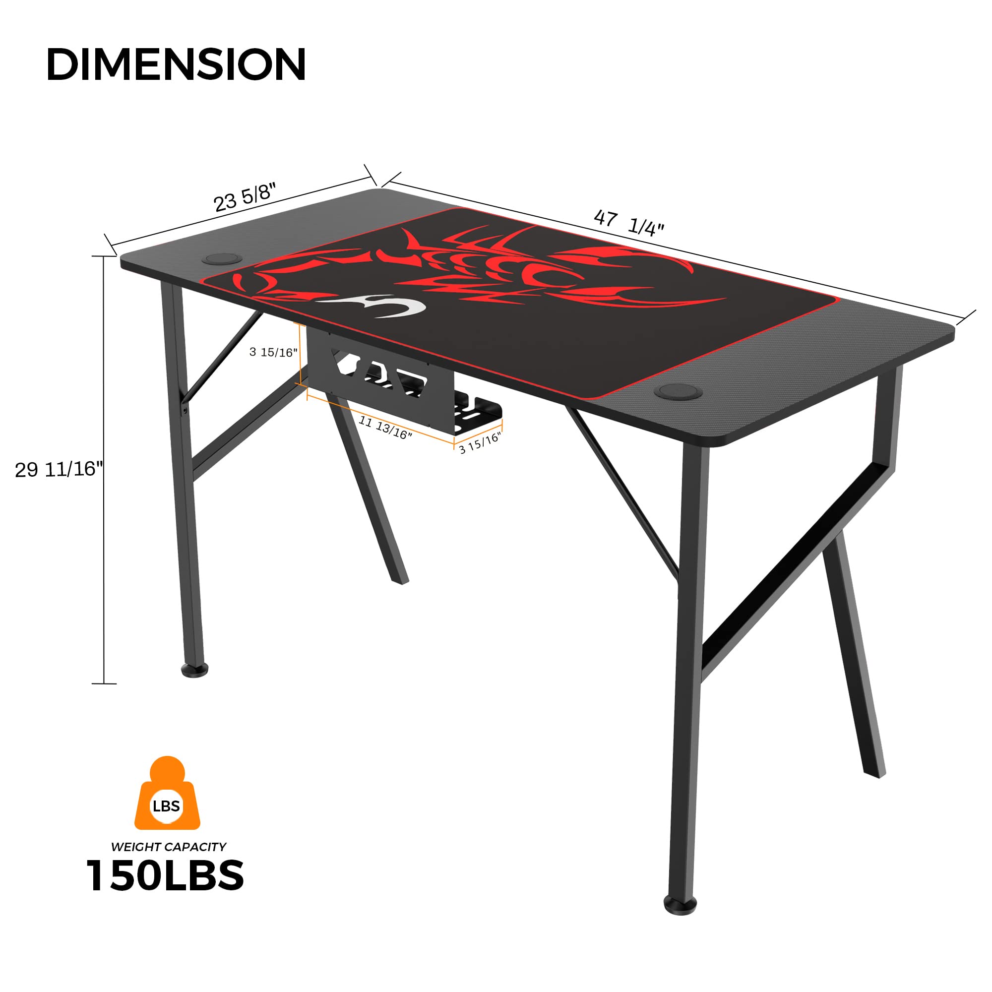 DESIGNA Gaming Desk 47'', K-Shaped Computer Desk, Office Desk Gamer Style with Mouse Pad, Cup Holder, Headphone Hook, Controller Stand, Easy to Assemble, Carbon Fiber Desktop, Black