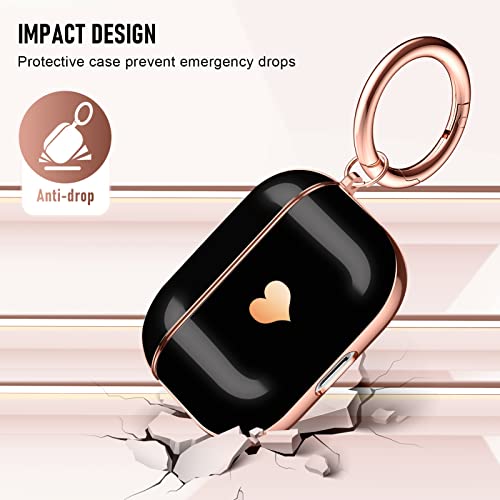 Maxjoy Airpods Pro 2 Case Cover,Cute Electroplating with Gold Heart Pattern with Lanyard Shockproof Cover for Girls Woman Airpods Pro 2 Generation Case-Black