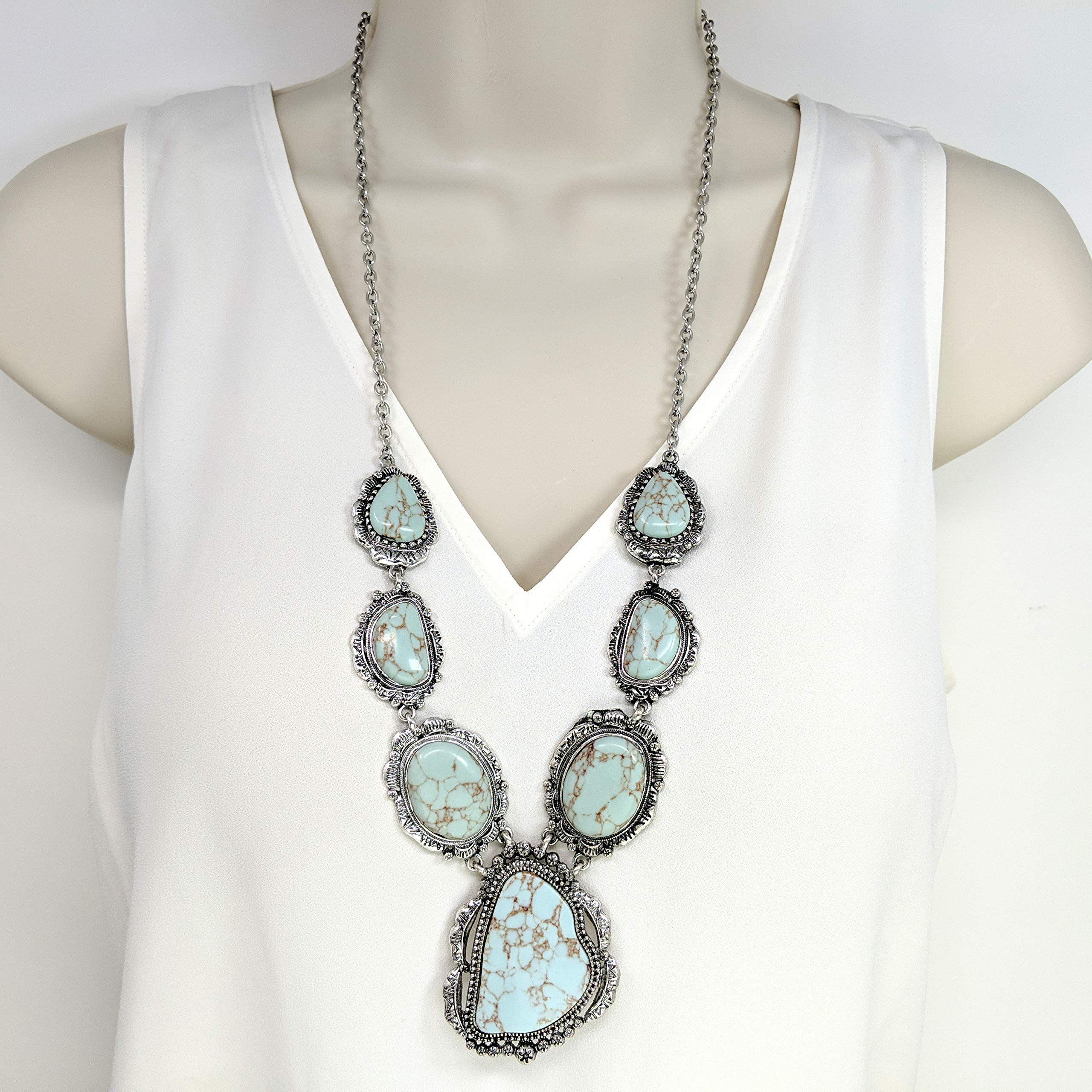 Elosee Turquoise Stone Western Style Bib Statement Pendant Long Necklace 27 Inch (Turquoise)
