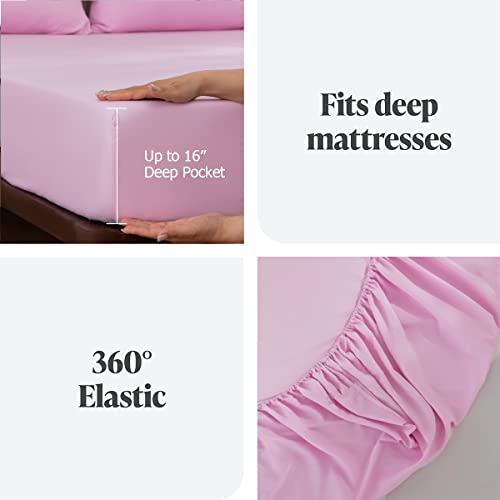 MEISHANG Twin Size Sheet Set Cooling Breathable Bed Sheets Set, Ultra Silky Soft Microfiber Sheet with 16 Inch Deep Pocket, Machine Washable, 4 Pieces (Twin, Pink)