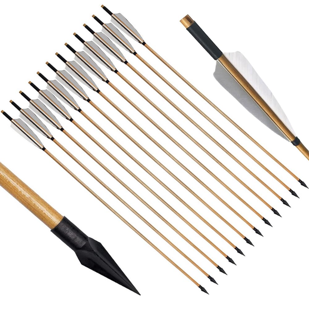 e5e10 33" Archery Wooden Arrows with Turkey Feather and Sharp Iron Tips for Recurve Bow Longbow Hunting (12White)