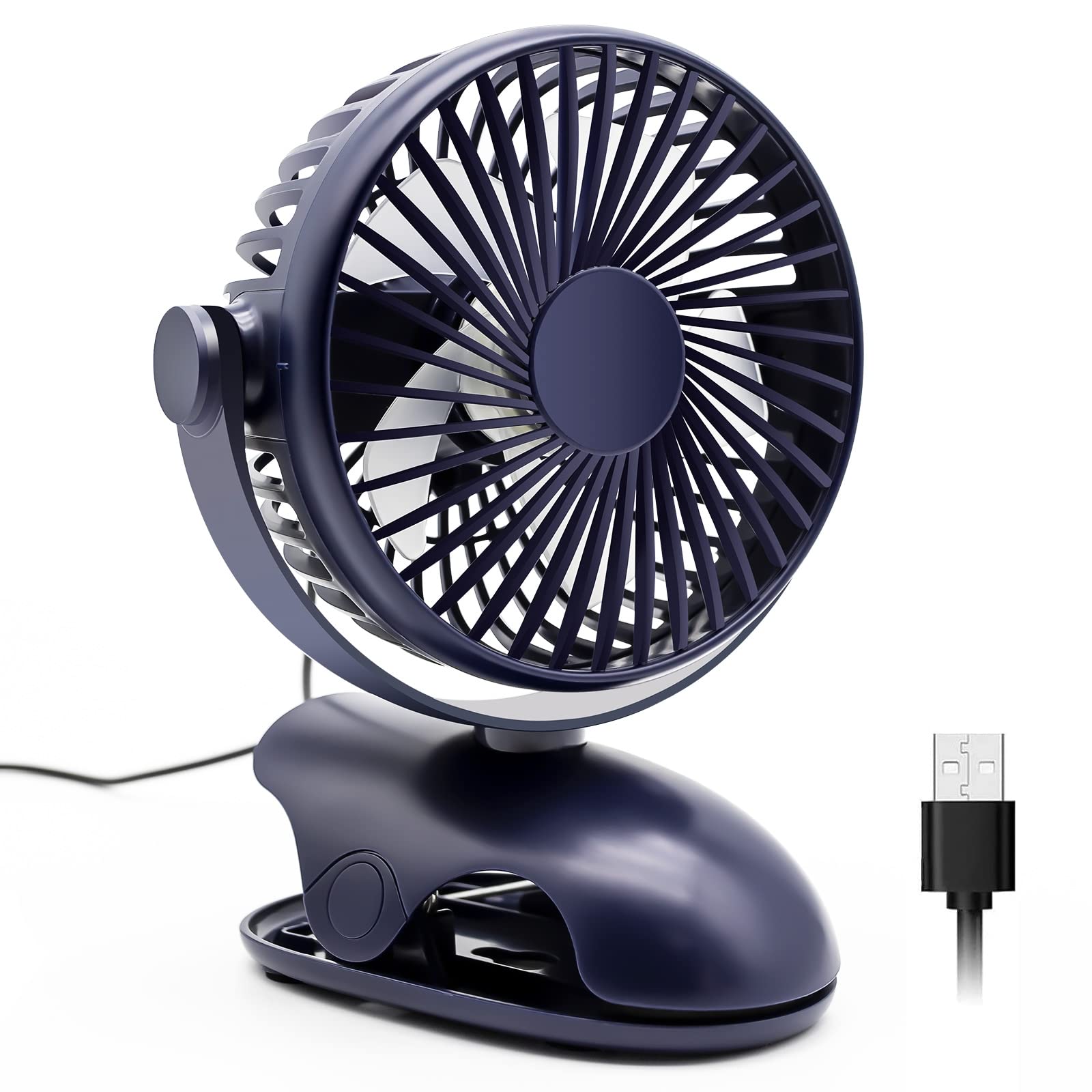 ELOUYCKE Clip on Fan, 6.7 Inch USB Small Table Fan, Portable Desk Fan with Strong Airflow, 4 Speed Adjustable, 720 Degree Rotation for Home Office Bedroom Table and Desktop (Blue)